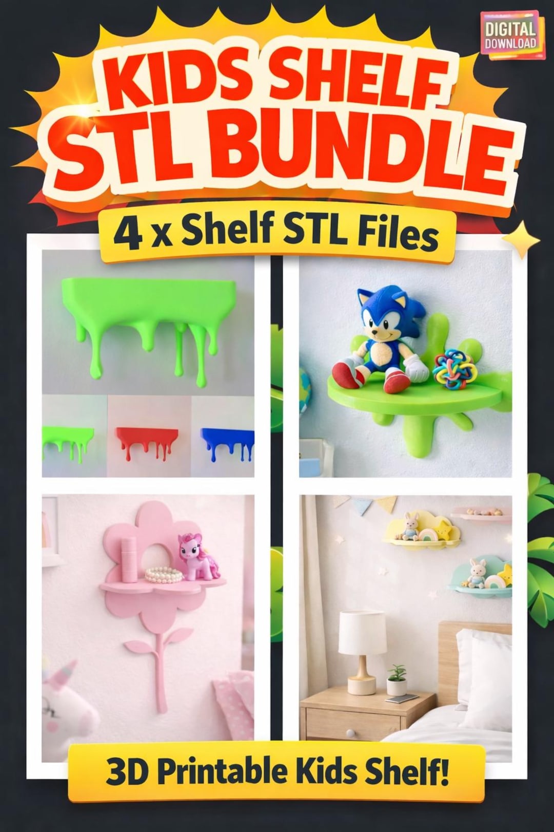 3D Printable Kids Shelf STL Bundle | Flower, Cloud, Slime (digital ...