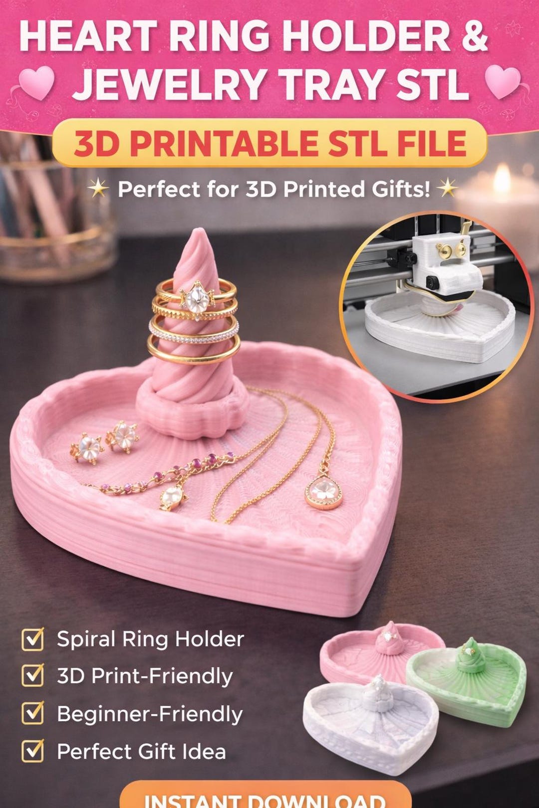 Heart Ring Holder STL | 3D Printed Jewelry Tray Organizer (digital ...