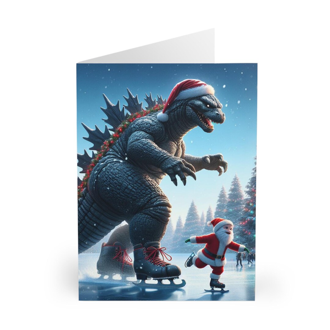 Skating Santa Godzilla Christmas Cards 5 Pack Holiday Card, Festive ...