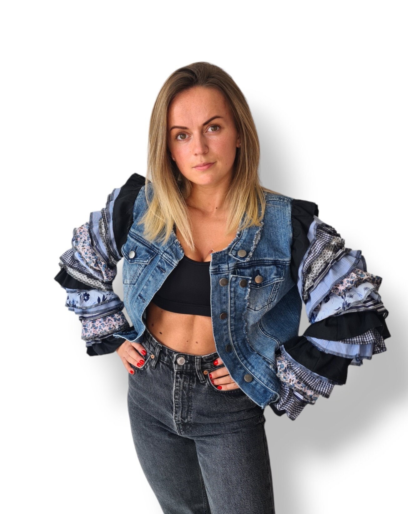 Upcycled Women's Patchwork Denim Jacket With Decorated Men's Shirts ...