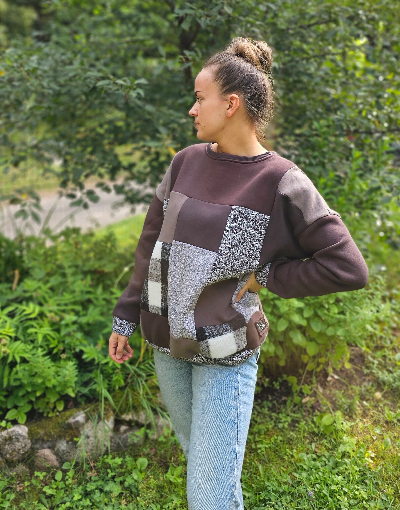 Upcycled Patchwork Women's Earth Tones Jumper From Knitwear With Fluff ...