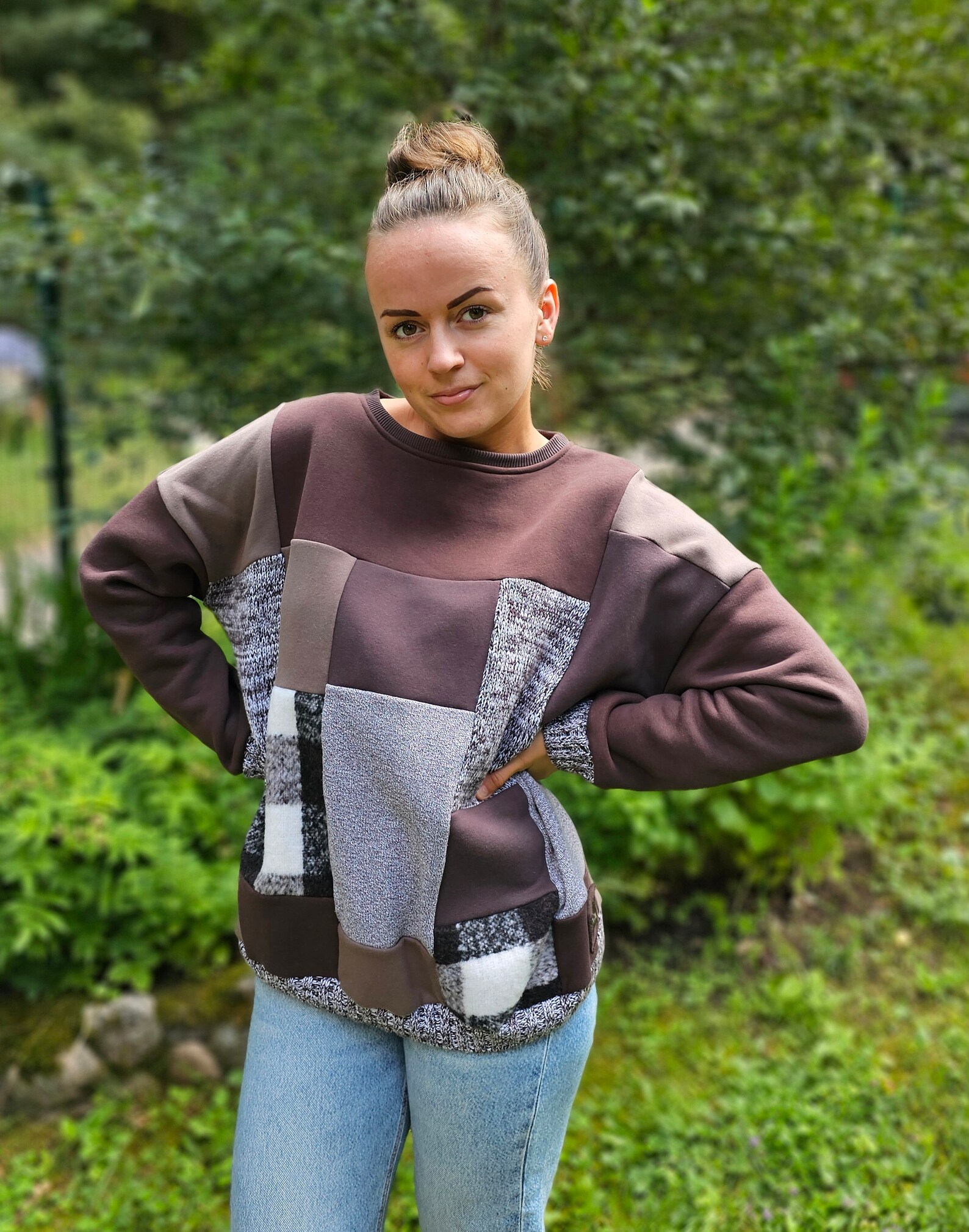 Upcycled Patchwork Women's Earth Tones Jumper From Knitwear With Fluff ...