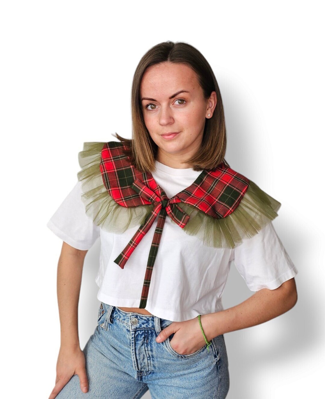 Women's Checkered and Ruffled Removable Collar/ Handmade Massive Red ...