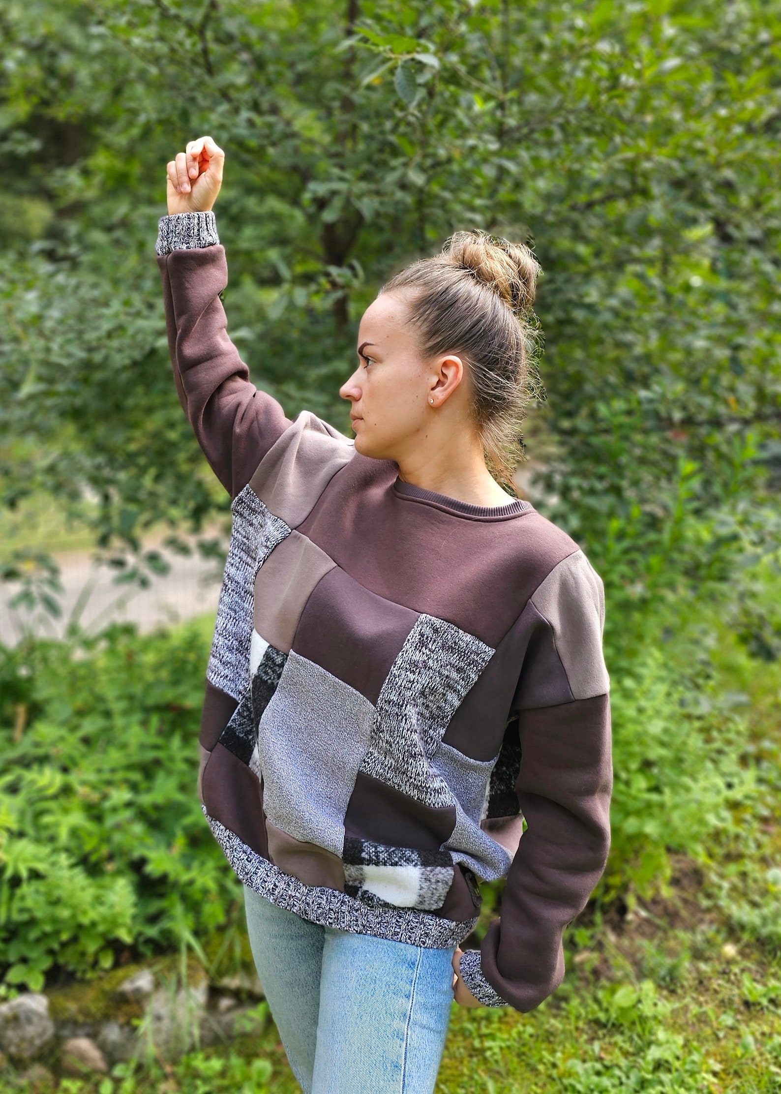 Upcycled Patchwork Women's Earth Tones Jumper From Knitwear With Fluff ...