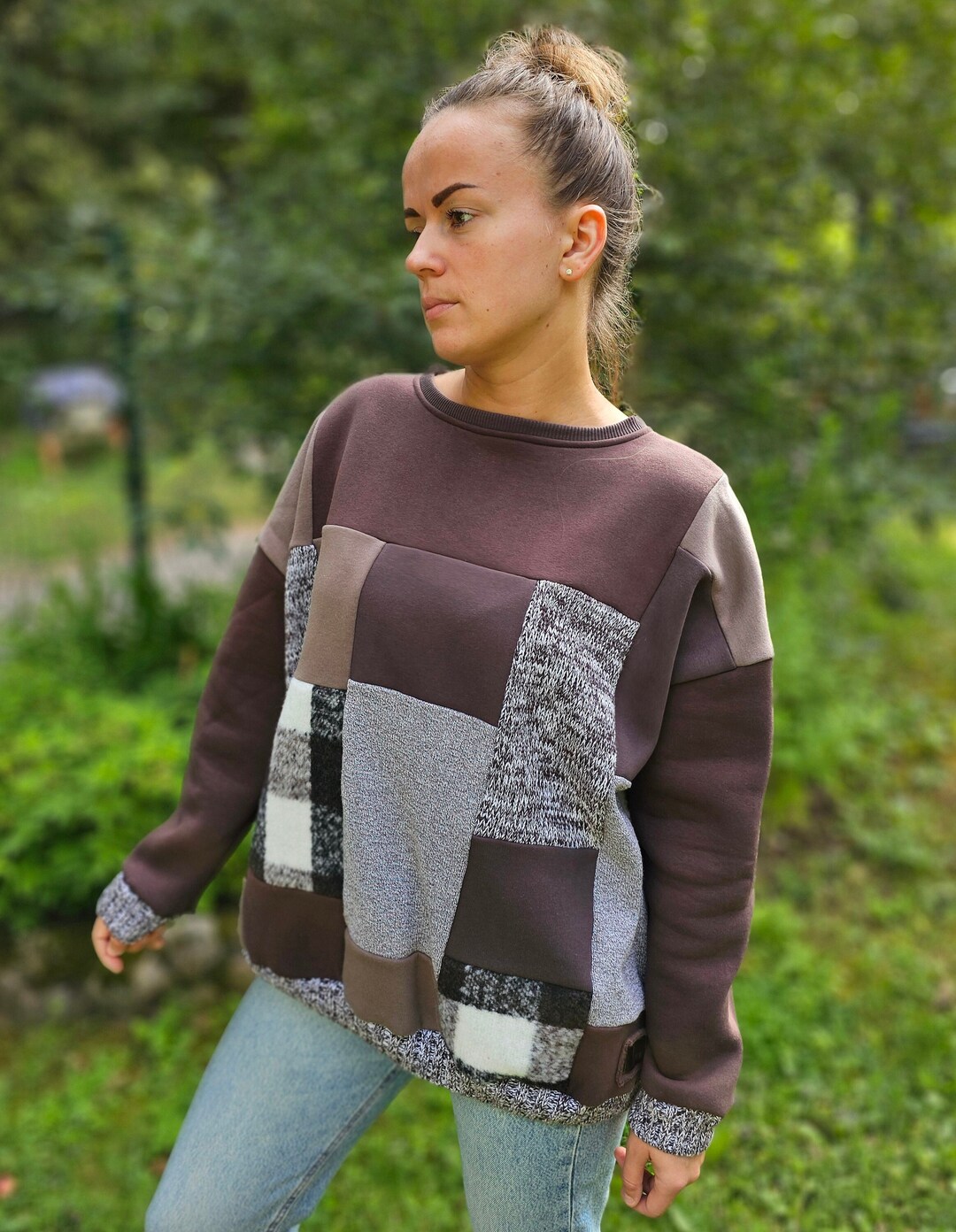 Upcycled Patchwork Women's Earth Tones Jumper From Knitwear With Fluff ...