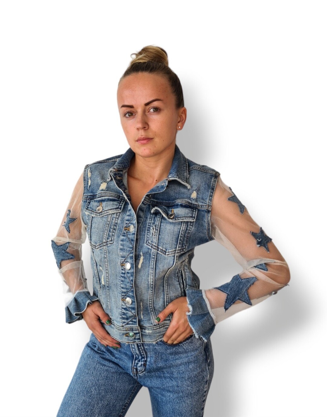 Upcycled Women's Denim Jacket With Decorated Tulle Sleeves and Stars ...