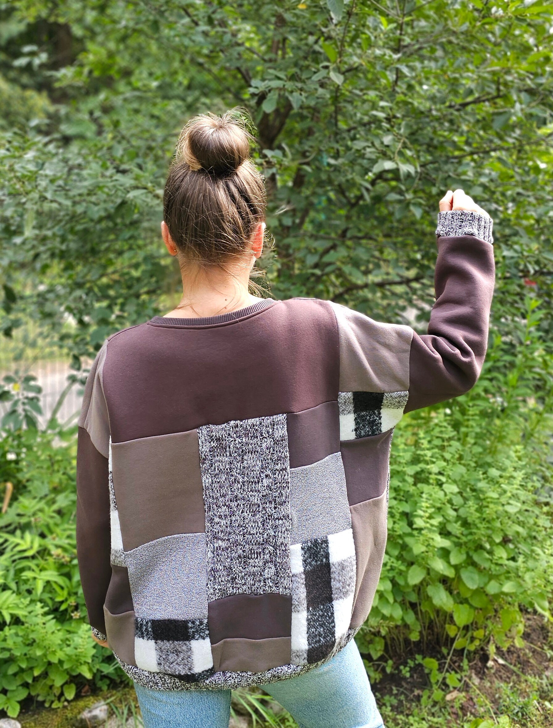 Upcycled Patchwork Women's Earth Tones Jumper From Knitwear With Fluff ...