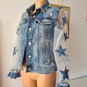 Upcycled Women's Denim Jacket With Decorated Tulle Sleeves and Stars ...