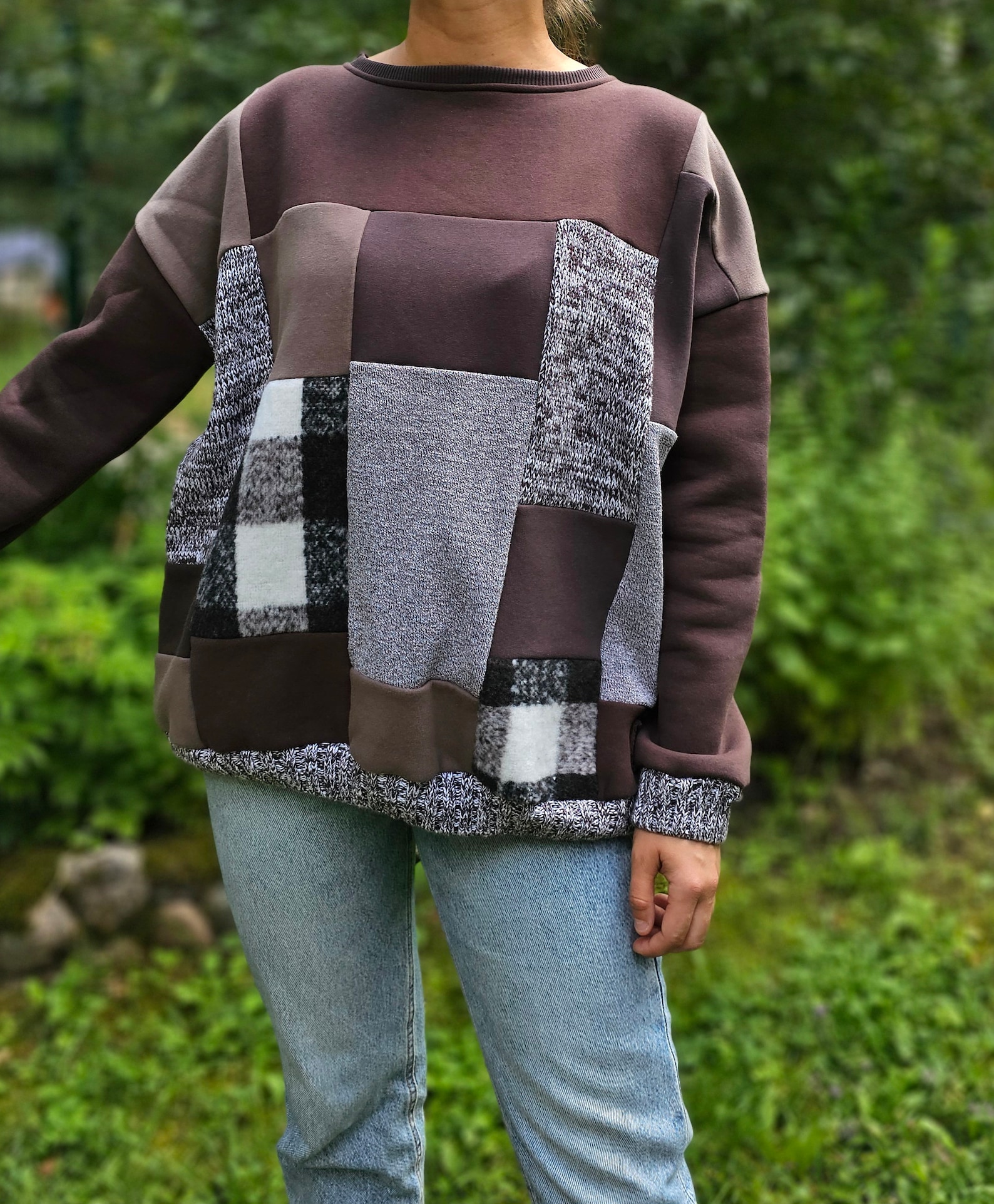 Upcycled Patchwork Women's Earth Tones Jumper From Knitwear With Fluff ...