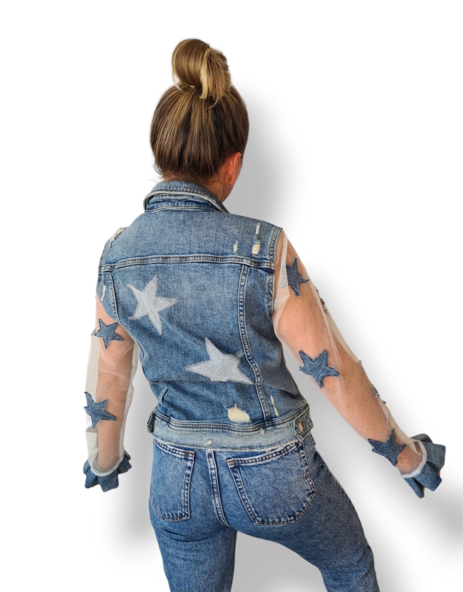 Upcycled Women's Denim Jacket With Decorated Tulle Sleeves and Stars ...