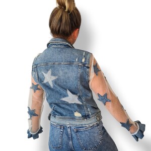 Upcycled Women's Denim Jacket With Decorated Tulle Sleeves and Stars ...