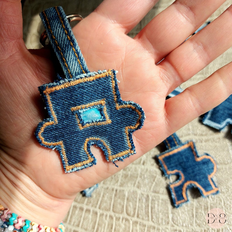Repurposed Denim Puzzle Mom Keychain, Recycled Hand Stitched Jeans ...
