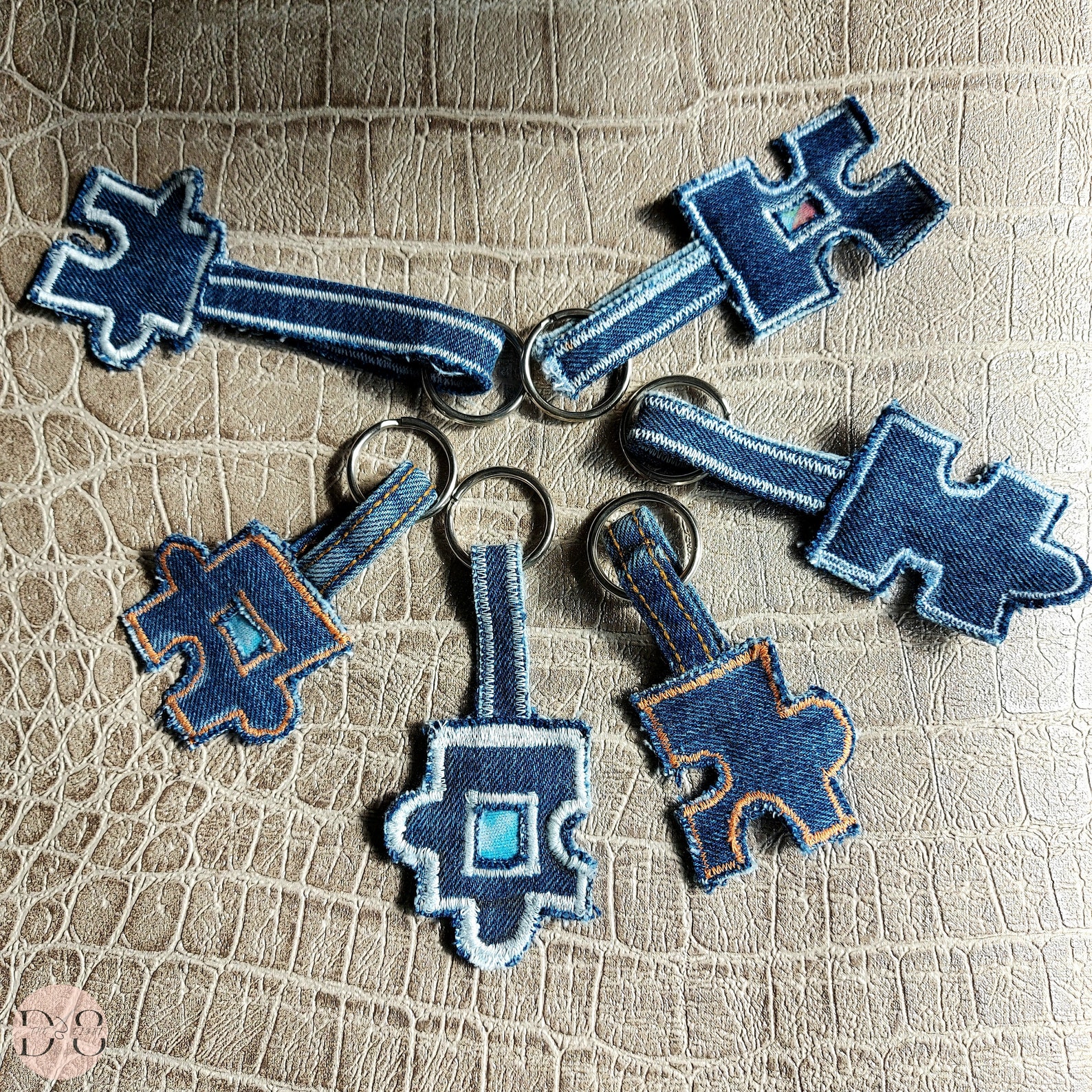 Repurposed Denim Puzzle Mom Keychain, Recycled Hand Stitched Jeans ...