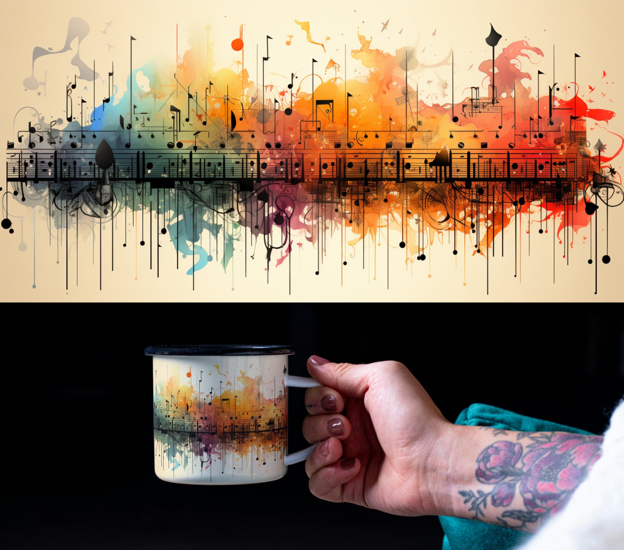 Colorful Music Sheet Sublimation Design, Digital Mug Wrap Template ...
