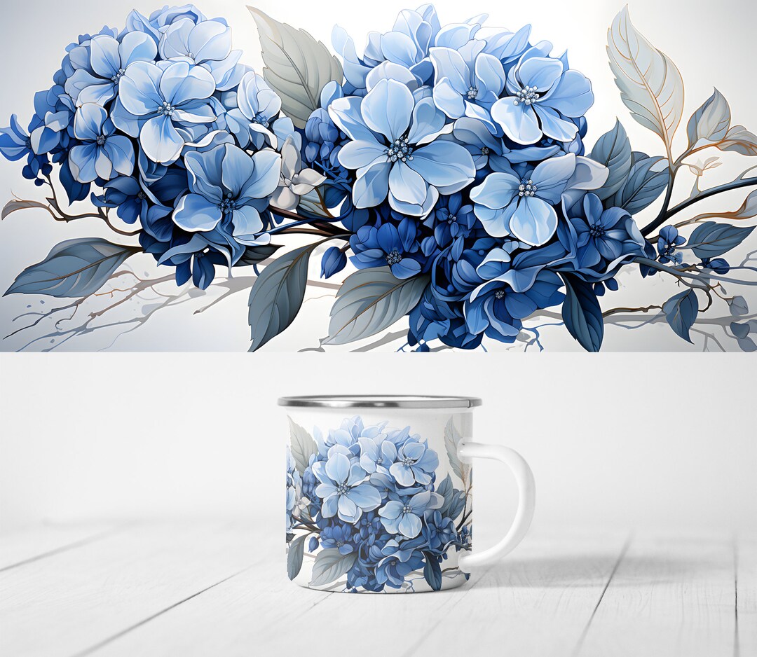 3d Blue Hydrangeas Sublimation Design, Digital Mug Wrap Template, Instant Download Coffee Mug ...
