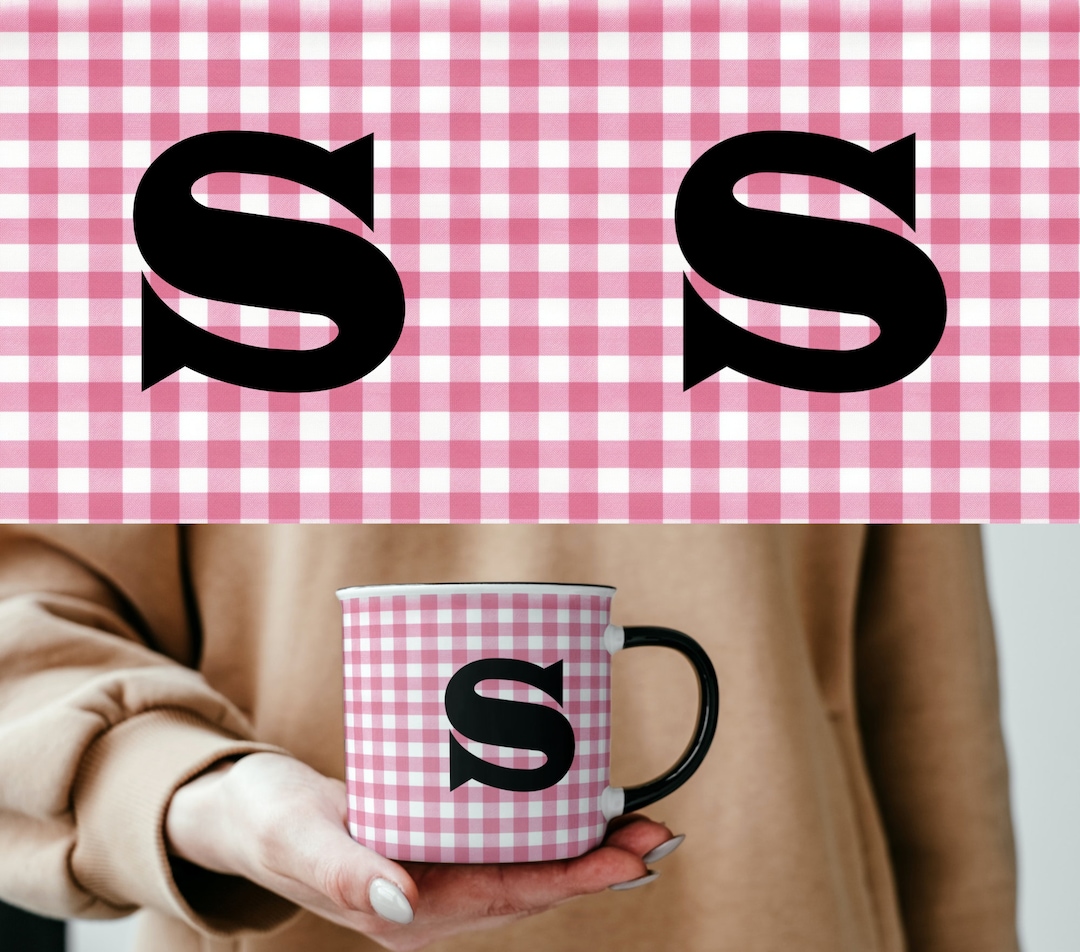 Pink Gingham Monogram Letter S Sublimation Design, Digital Mug Wrap ...