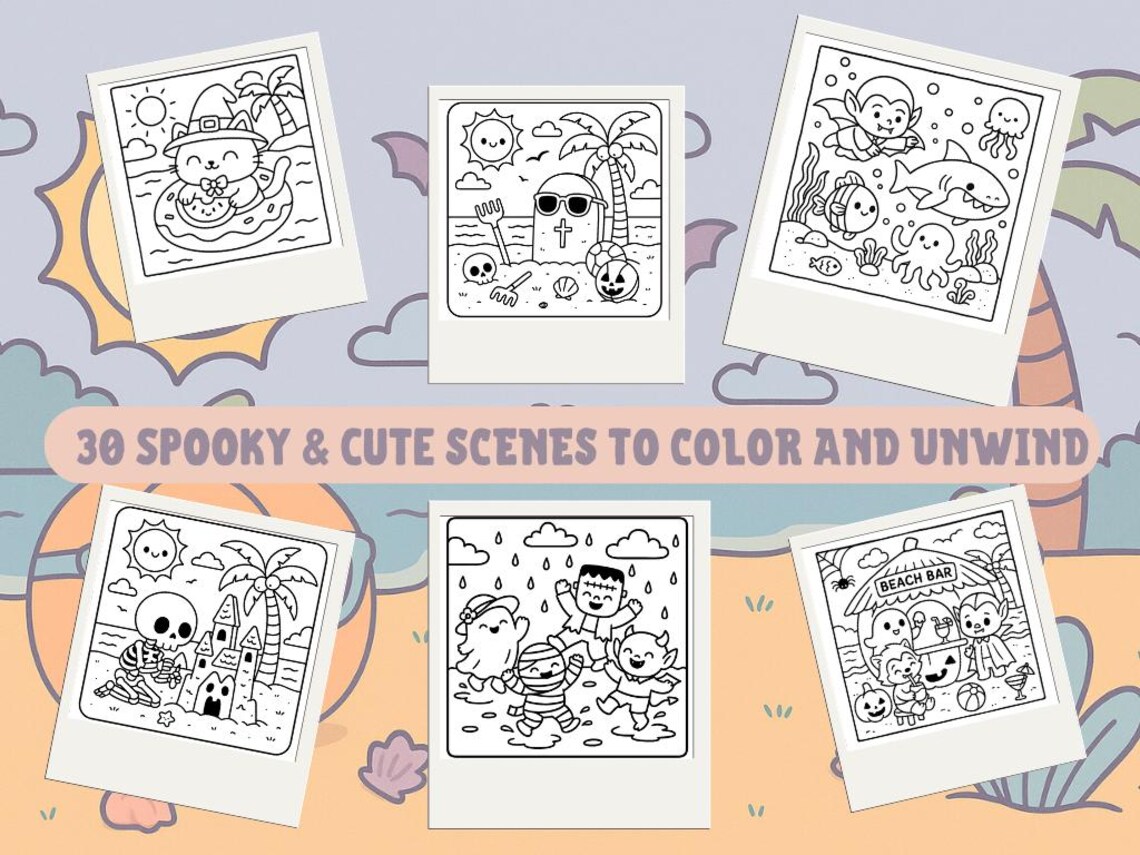 Summerween Coloring Book, Spooky Cute Summer Coloring Pages, Halloween ...