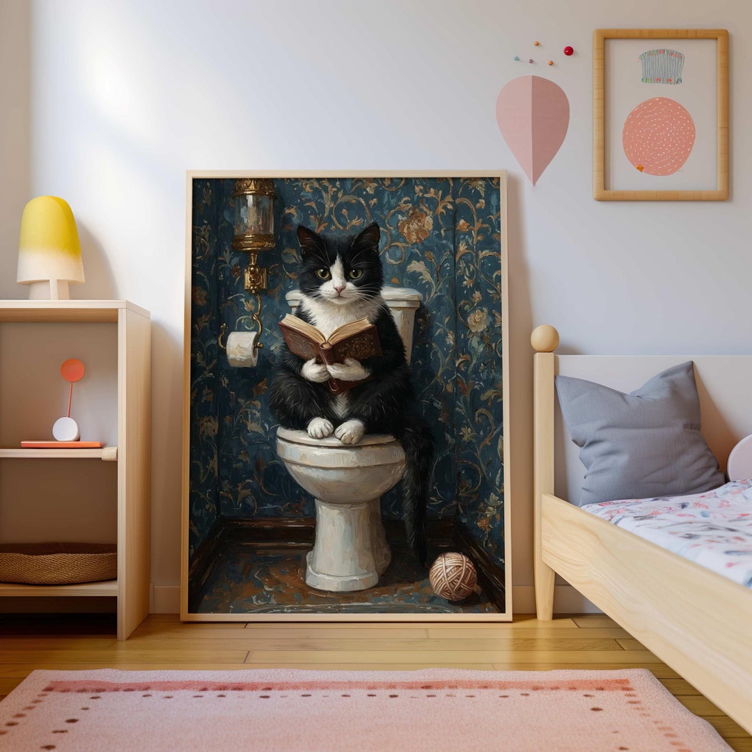 Reading Cat Poster, Whimsical Animals, Wall Decor, Bathroom and ...
