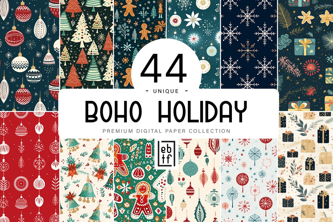 Boho Digital Paper, Boho Holiday, Christmas Printable, Boho Christmas ...