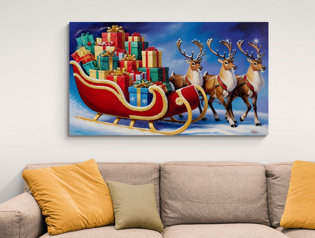 Reindeer Flying Art, Santa Claus Reindeer, Santa Claus Wall Art, Santa ...