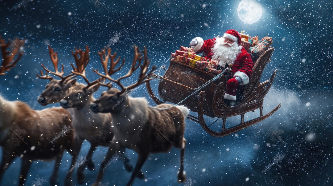 Reindeer Flying Art, Santa Claus Reindeer, Santa Claus Wall Art, Santa ...