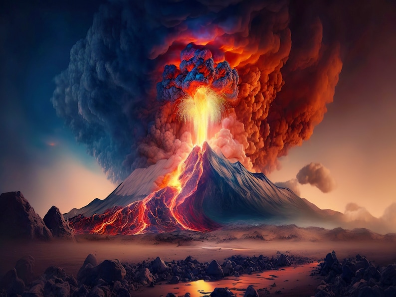 Art mural volcan, volcan en éruption, fureur volcanique, montagne de ...