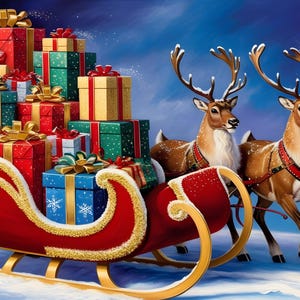 Reindeer Flying Art, Santa Claus Reindeer, Santa Claus Wall Art, Santa ...