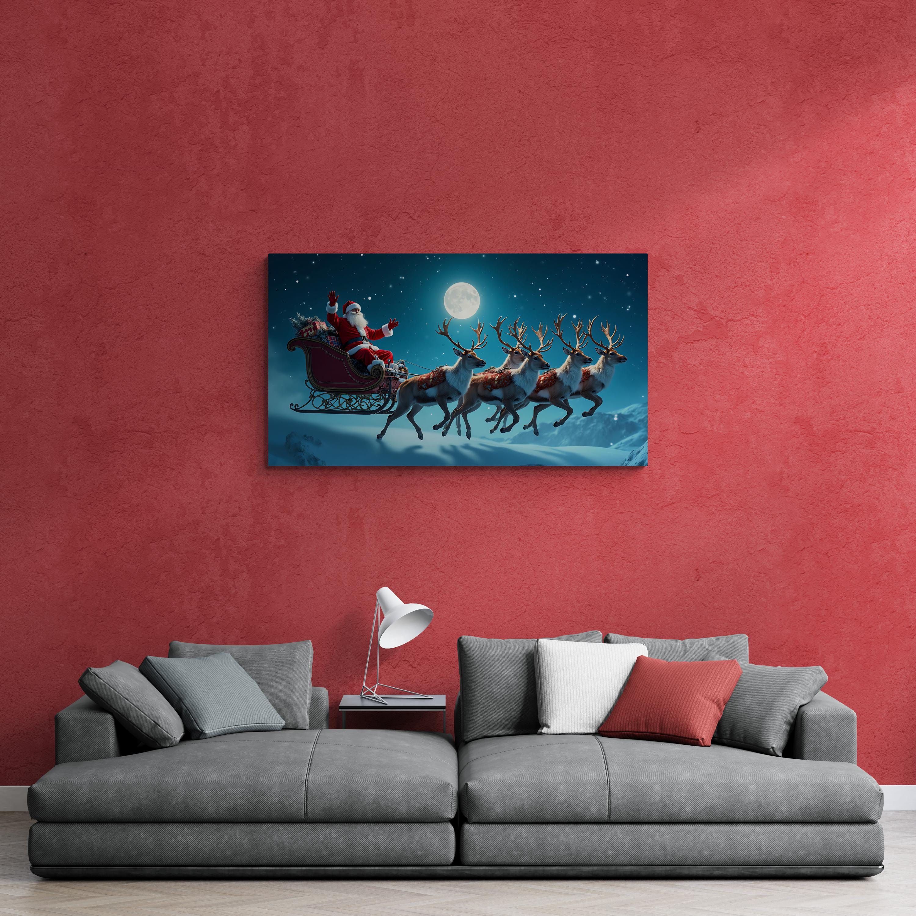 Canvas Wall Art – Santa & Reindeer Across the Moon | Ready-to-hang ...