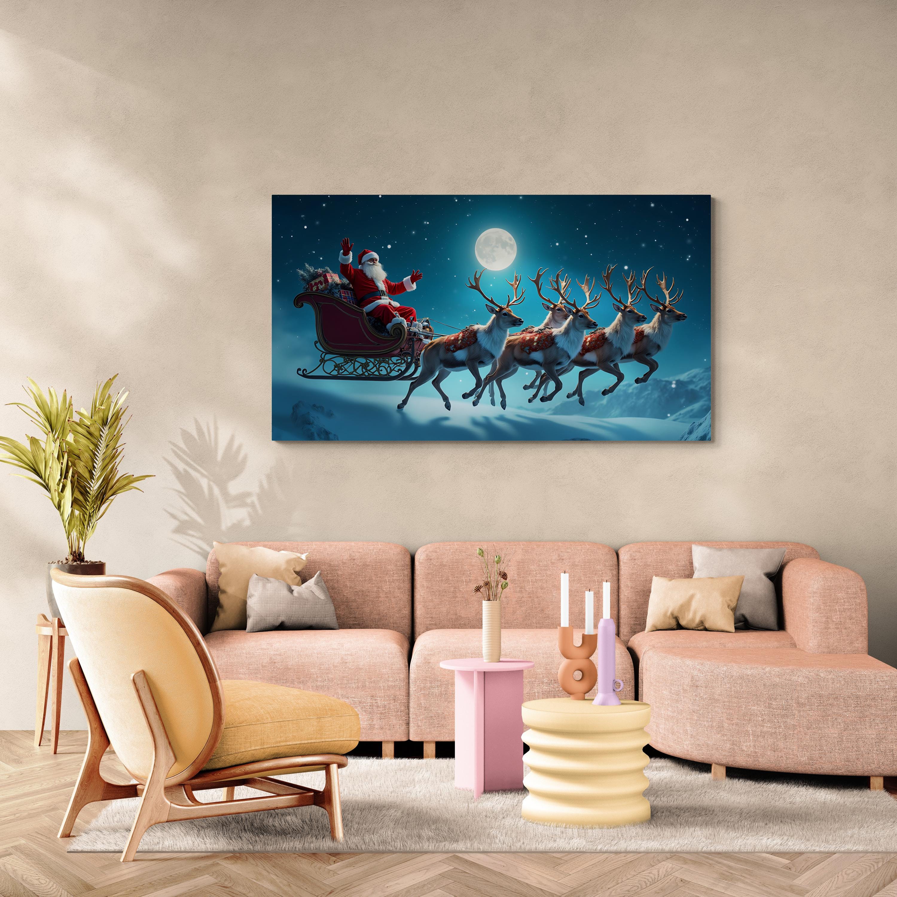 Canvas Wall Art – Santa & Reindeer Across the Moon | Ready-to-hang ...