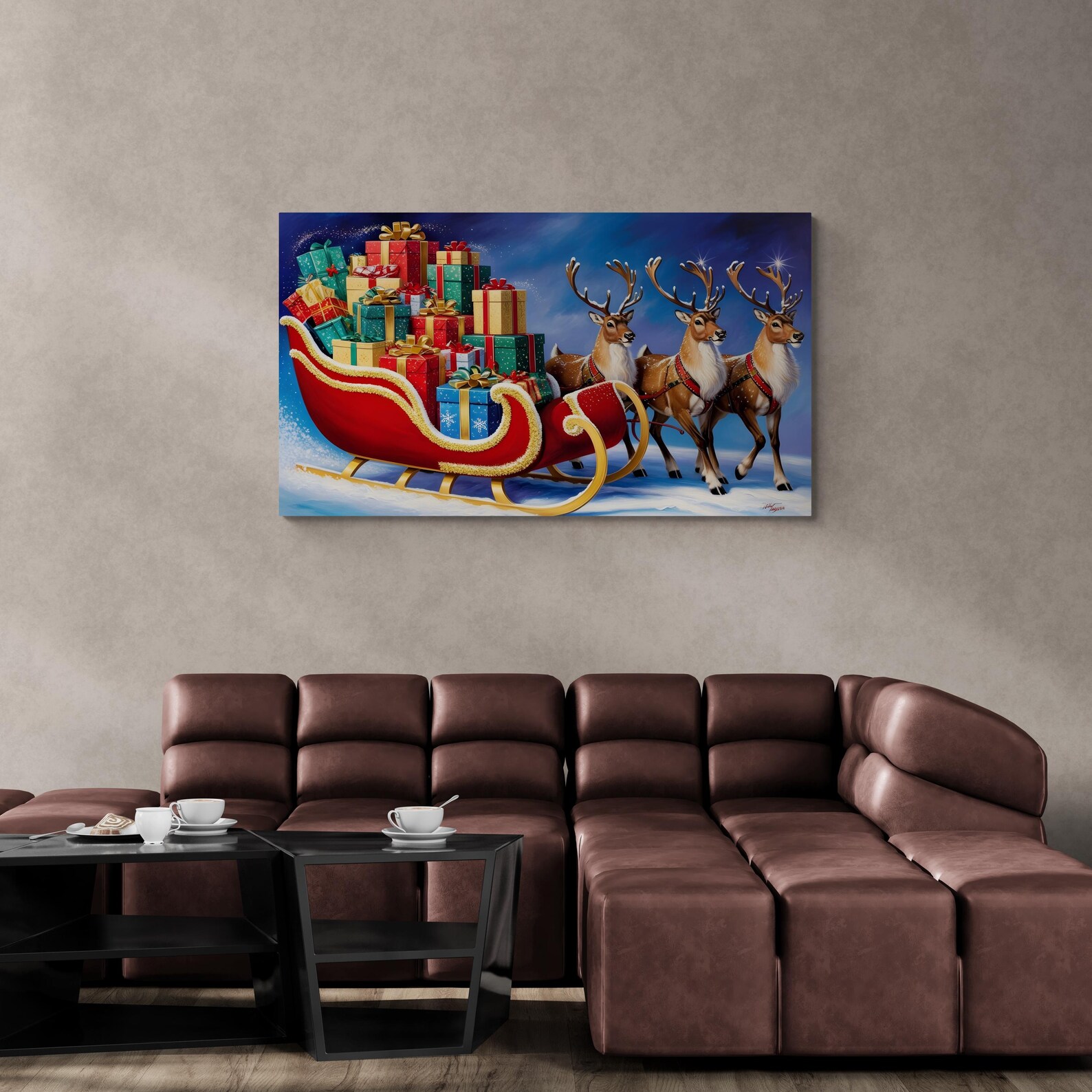 Reindeer Flying Art, Santa Claus Reindeer, Santa Claus Wall Art, Santa ...