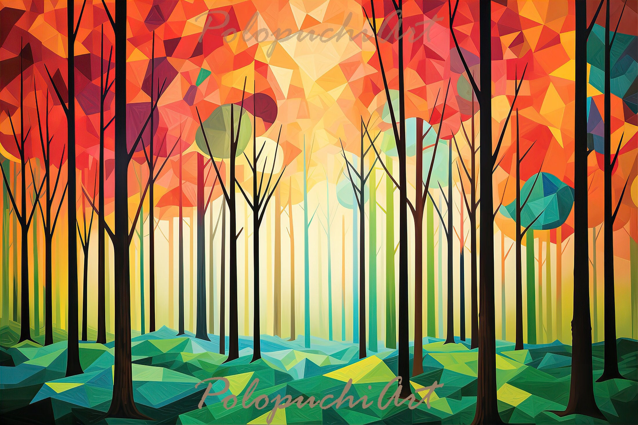 Printable Colored Grove Cubist Landscape, Archival Digital Download for ...