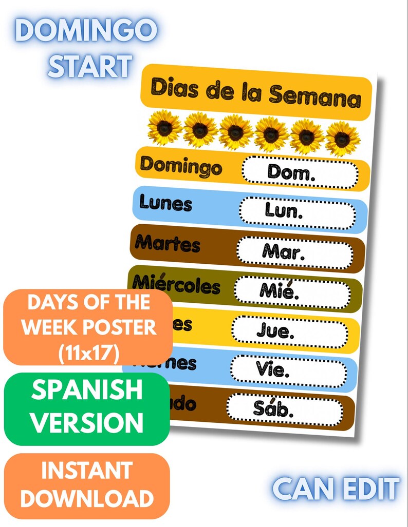 Days of the Week (SPANISH) Printable Poster| Montessori Education ...
