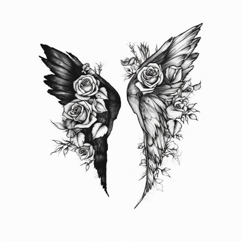 Angel Wings in Floral Style Tattoo Design White Background - Etsy
