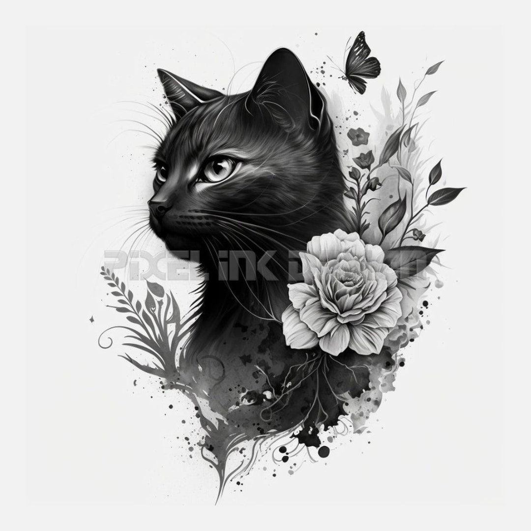 Cat With Flowers Tattoo Design - Download High Resolution Digital Art ...