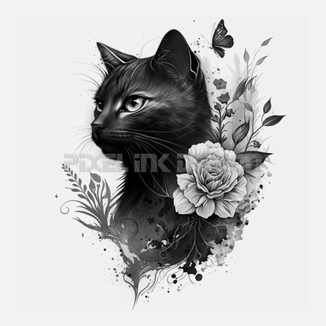 Cat With Flowers Tattoo Design Download High Resolution Digital PNG Art ...