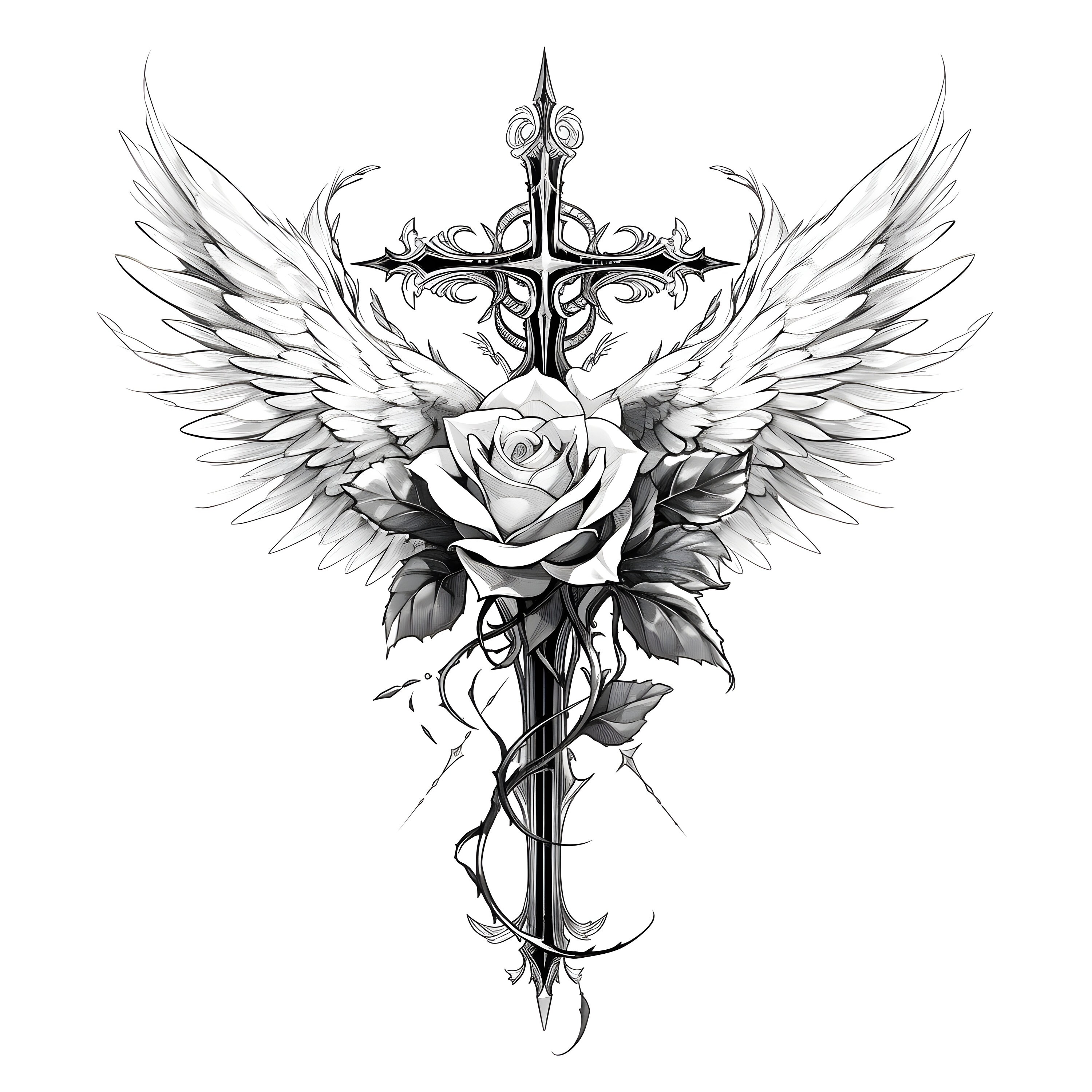 Cross Designs With Wings And Roses