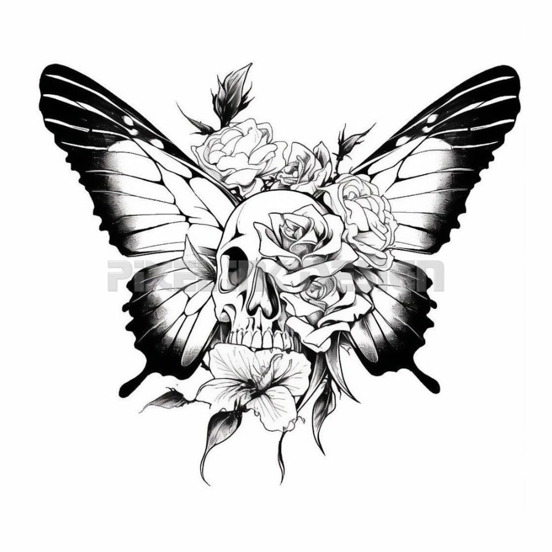 Butterfly With Roses and Scull Tattoo Design Download High Resolution ...