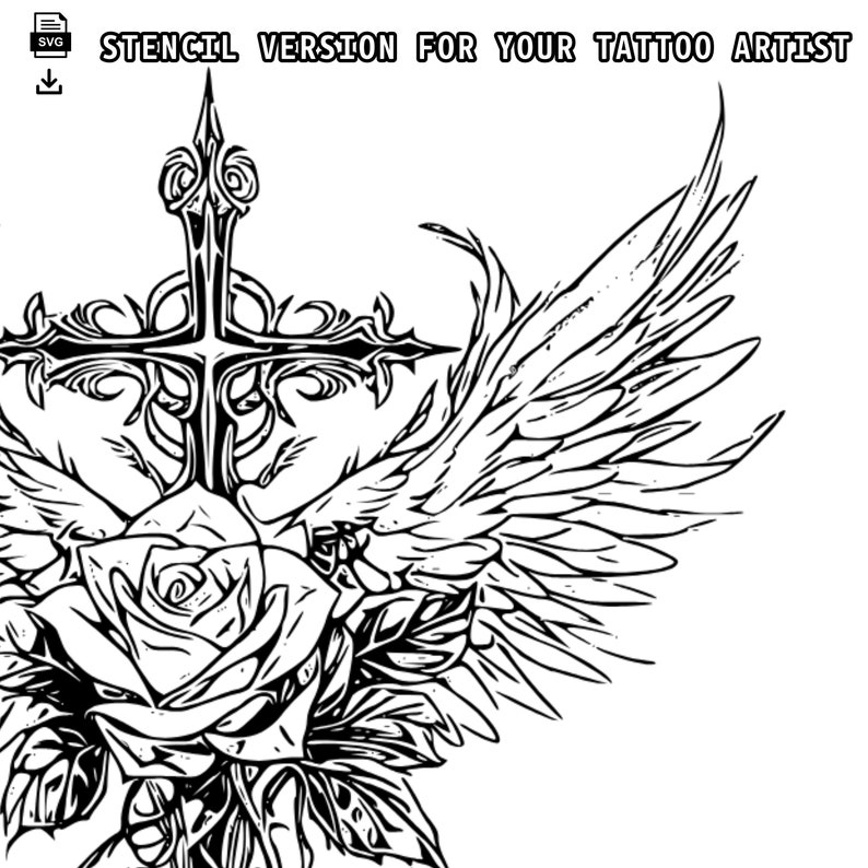 Cross With Wings and Rose Tattoo Design Detailed High Resolution ...