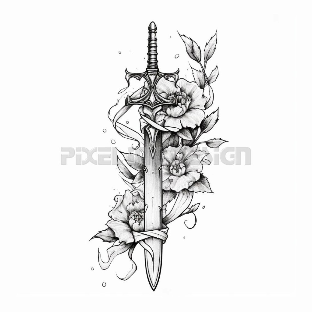Sword With Flowers Tattoo Design Download High Resolution Digital Art ...