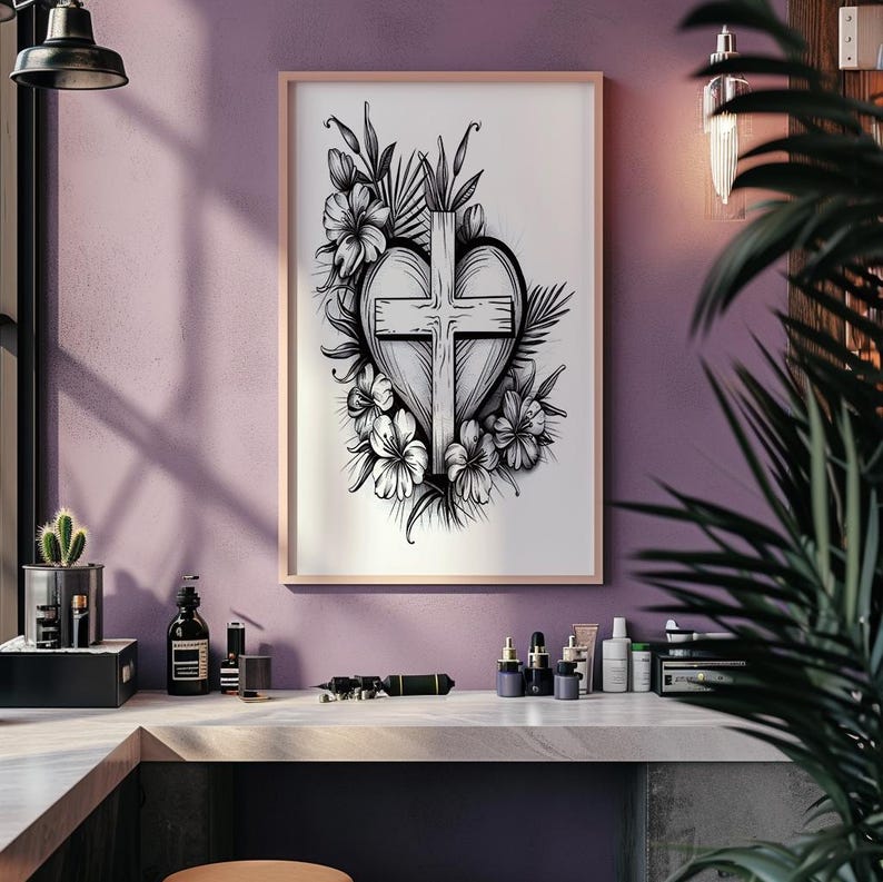 Cross Heart Tattoo Design: Floral PNG, SVG Stencil (digital Download ...