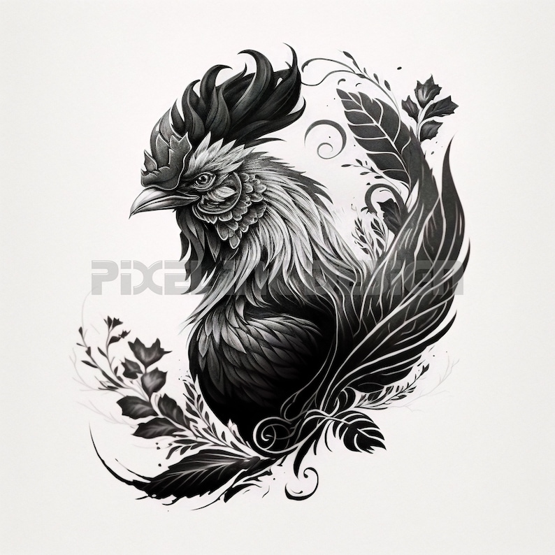 Rooster Tattoo Design White Background Download Detailed - Etsy