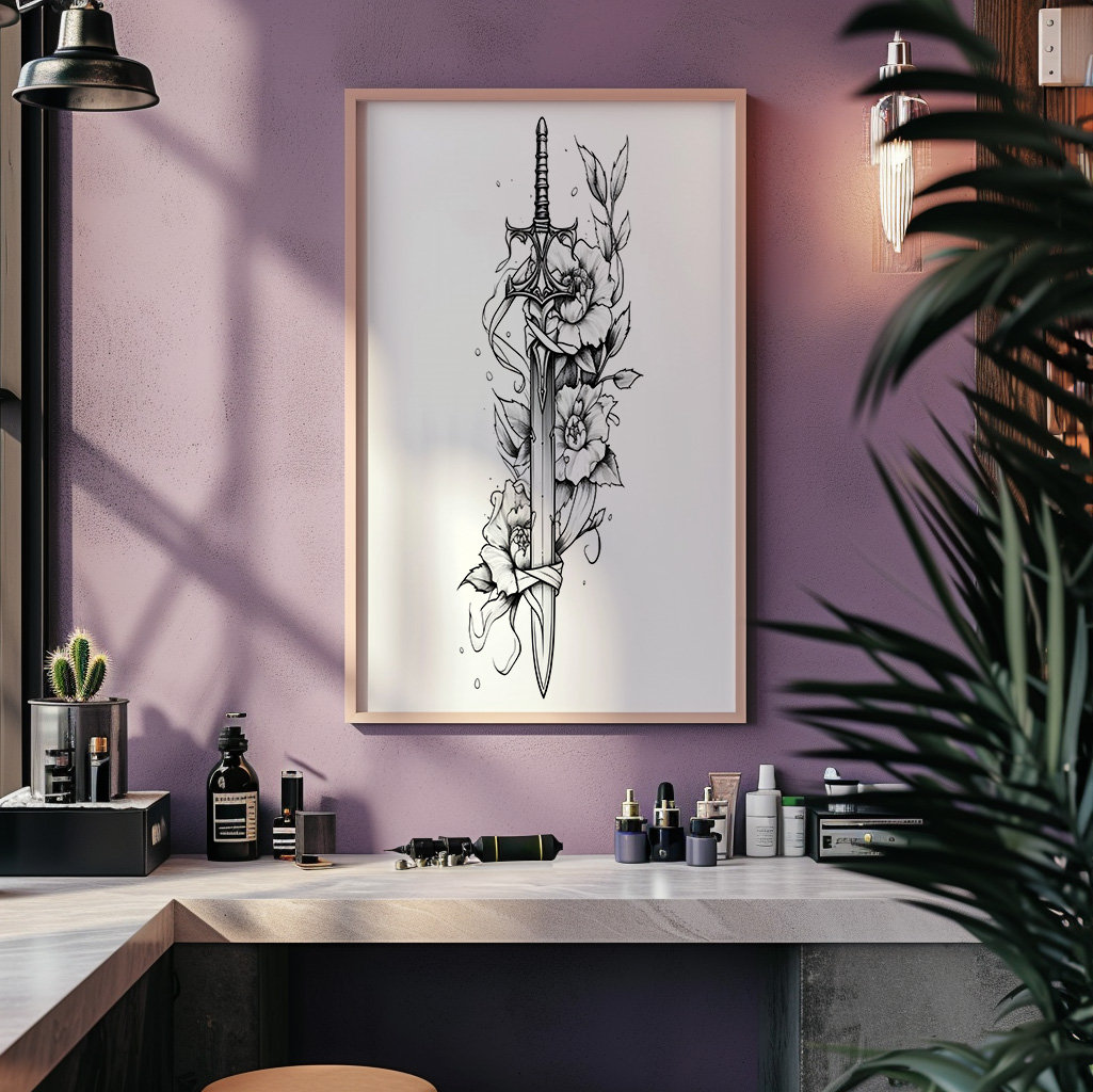 Sword With Flowers Tattoo Design Download High Resolution Digital Art ...