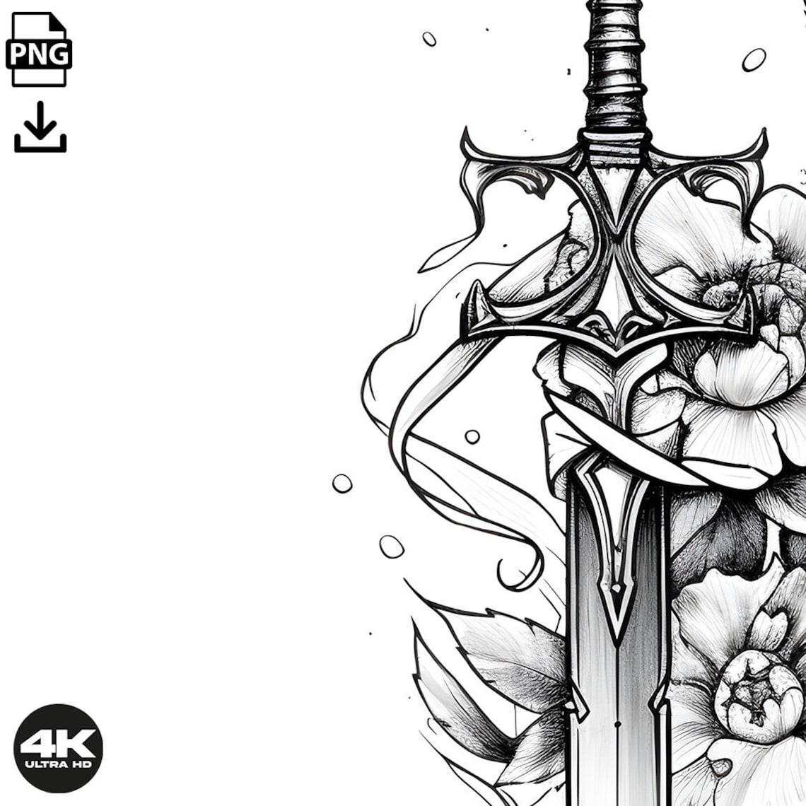 Sword With Flowers Tattoo Design Download High Resolution Digital Art ...