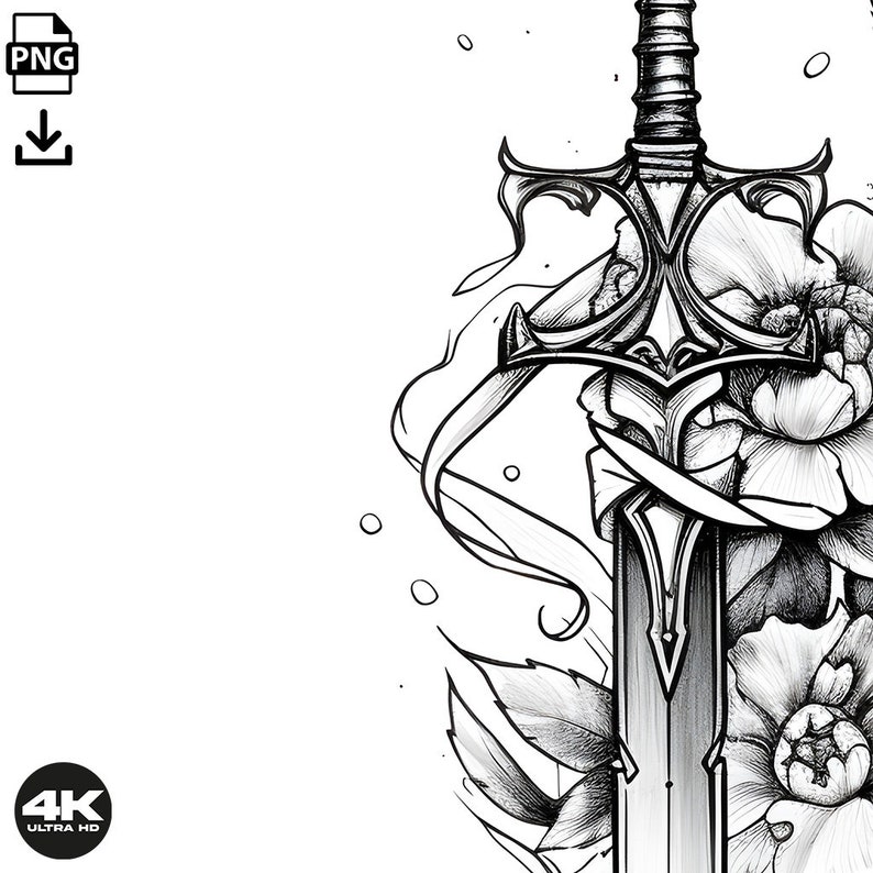 Sword With Flowers Tattoo Design - Download High Resolution Digital Art ...