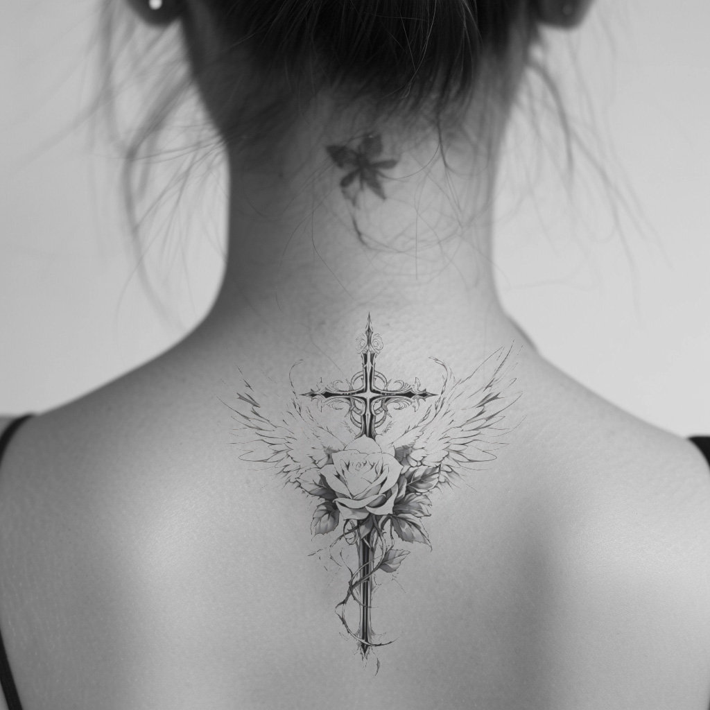 Cross With Wings and Rose Tattoo Design Detailed High Resolution ...