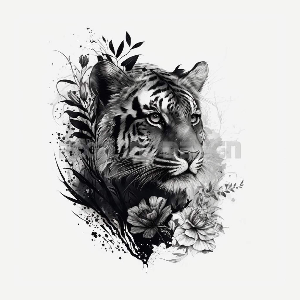 Tiger With Flowers Tattoo White Background Download High Resolution ...
