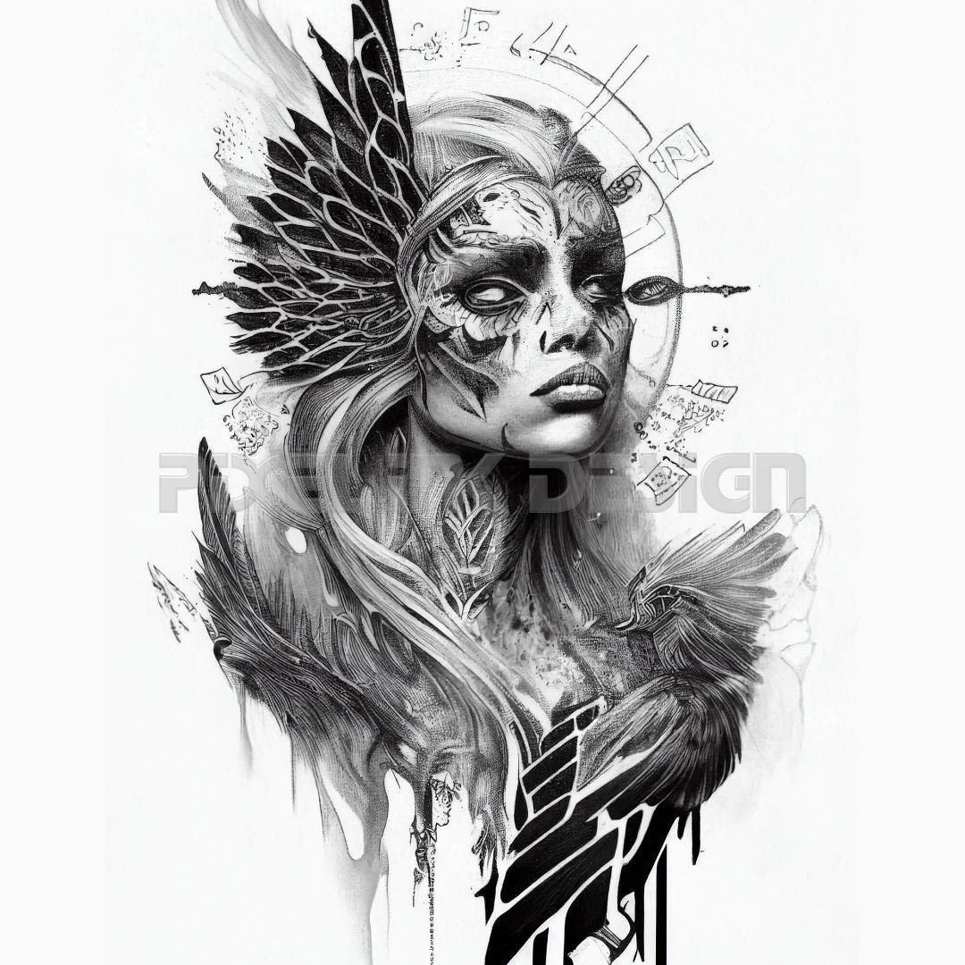 Valkyrie Tattoo Design Detailed High Resolution Digital Art on White ...