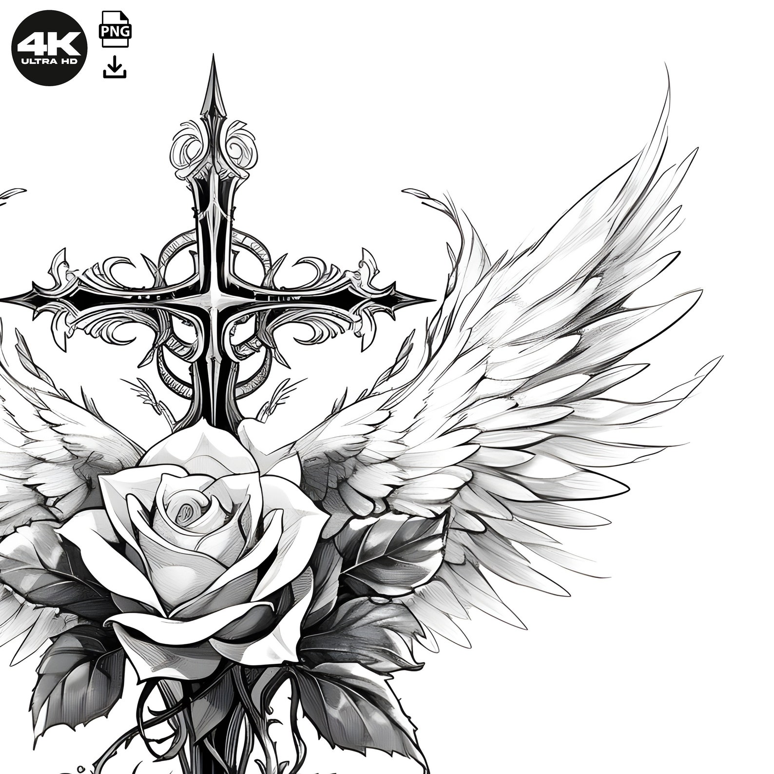 Cross With Wings and Rose Tattoo Design White Background - Etsy