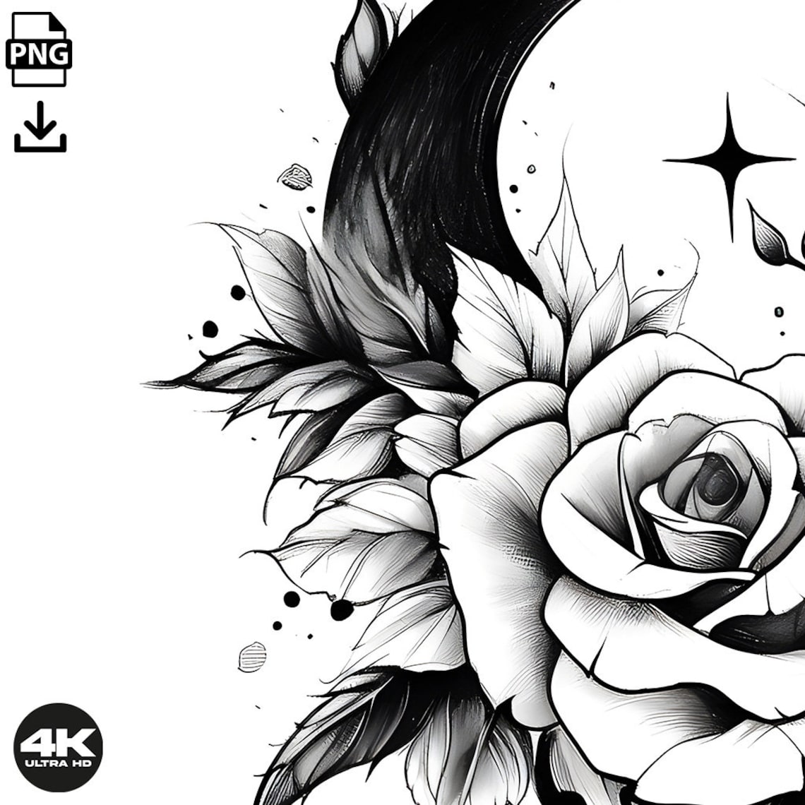 Rose With a Moon Tattoo Design Download High Resolution Digital Art PNG ...