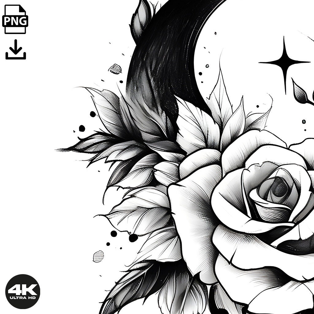 Rose With a Moon Tattoo Design Download High Resolution Digital Art PNG ...